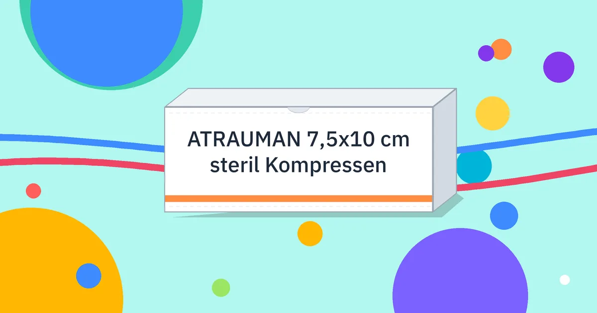 Symbolbild: Packung mit der Aufschrift ATRAUMAN 7,5x10 cm steril Kompressen (PZN 18043369) – Verfügbarkeit und Bezug in Apotheken in Frankfurt am Main