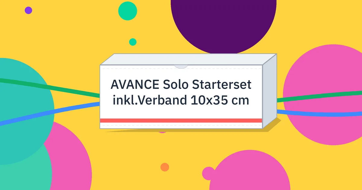 Symbolbild: Packung mit der Aufschrift AVANCE Solo Starterset inkl.Verband 10x35 cm (PZN 16821911) – Verfügbarkeit und Bezug in Apotheken in Frankfurt am Main