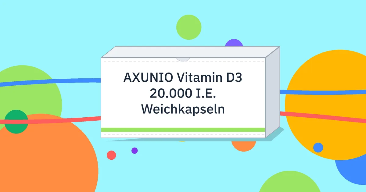 Symbolbild: Packung mit der Aufschrift AXUNIO Vitamin D3 20.000 I.E. Weichkapseln (PZN 17964191) – Verfügbarkeit und Bezug in Apotheken in Frankfurt am Main