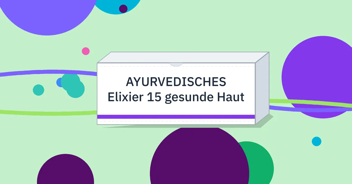 Symbolbild: Packung mit der Aufschrift AYURVEDISCHES Elixier 15 gesunde Haut (PZN 07252199) – Verfügbarkeit und Bezug in Apotheken in Frankfurt am Main