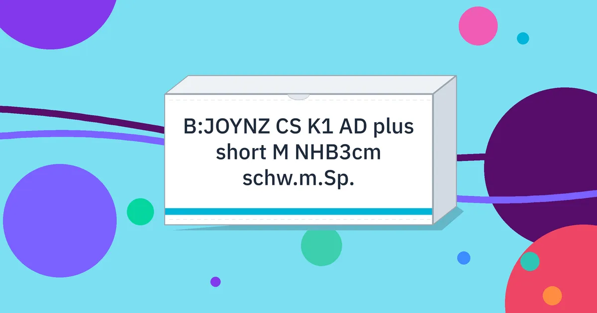 Symbolbild: Packung mit der Aufschrift B:JOYNZ CS K1 AD plus short M NHB3cm schw.m.Sp. (PZN 20526164) – Verfügbarkeit und Bezug in Apotheken in Frankfurt am Main