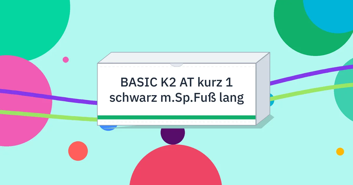 Symbolbild: Packung mit der Aufschrift BASIC K2 AT kurz 1 schwarz m.Sp.Fuß lang (PZN 20268710) – Verfügbarkeit und Bezug in Apotheken in Frankfurt am Main