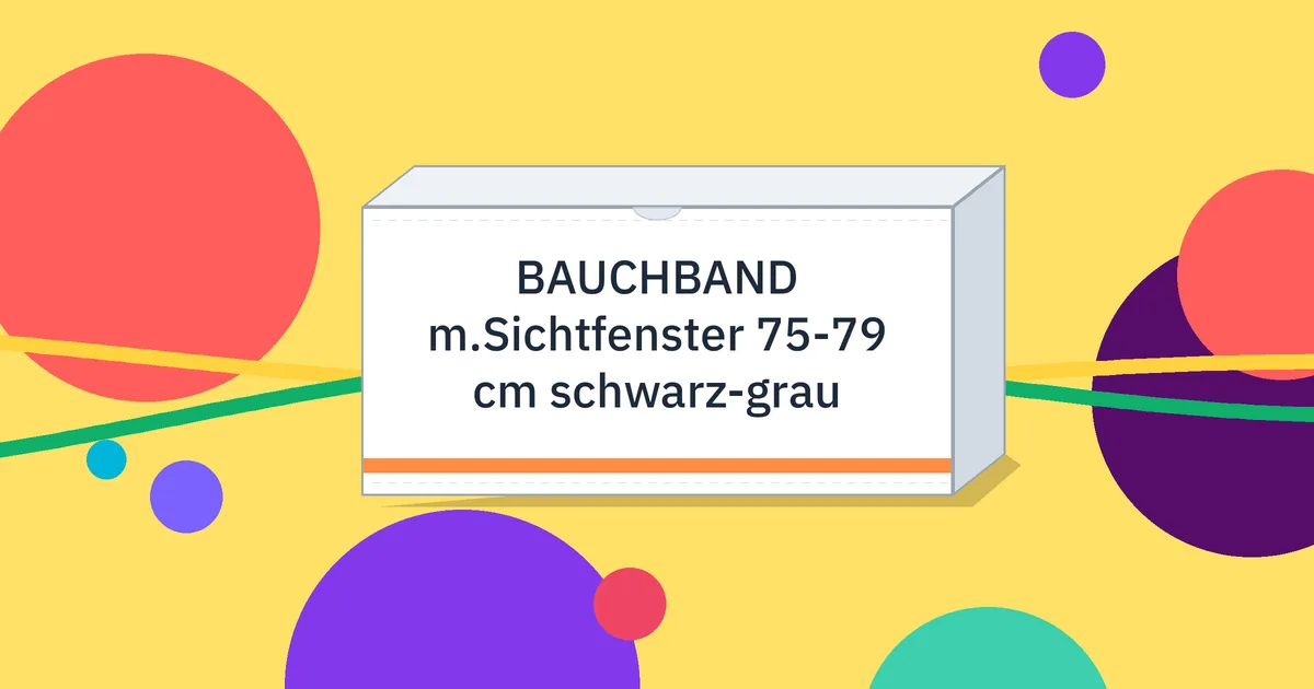 Symbolbild: Packung mit der Aufschrift BAUCHBAND m.Sichtfenster 75-79 cm schwarz-grau (PZN 17837877) – Verfügbarkeit und Bezug in Apotheken in Frankfurt am Main