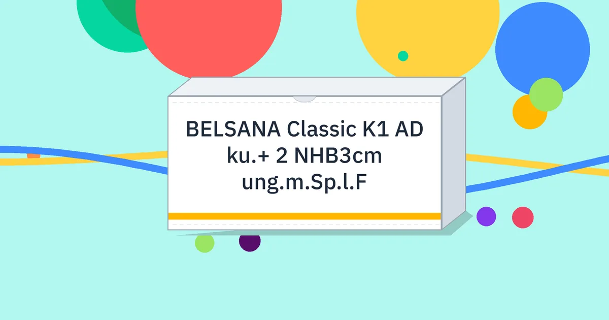 Symbolbild: Packung mit der Aufschrift BELSANA Classic K1 AD ku.+ 2 NHB3cm ung.m.Sp.l.F (PZN 19255228) – Verfügbarkeit und Bezug in Apotheken in Frankfurt am Main