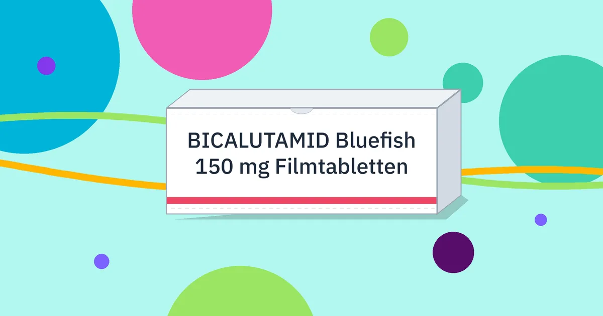 Symbolbild: Packung mit der Aufschrift BICALUTAMID Bluefish 150 mg Filmtabletten (PZN 18107514) – Verfügbarkeit und Bezug in Apotheken in Frankfurt am Main