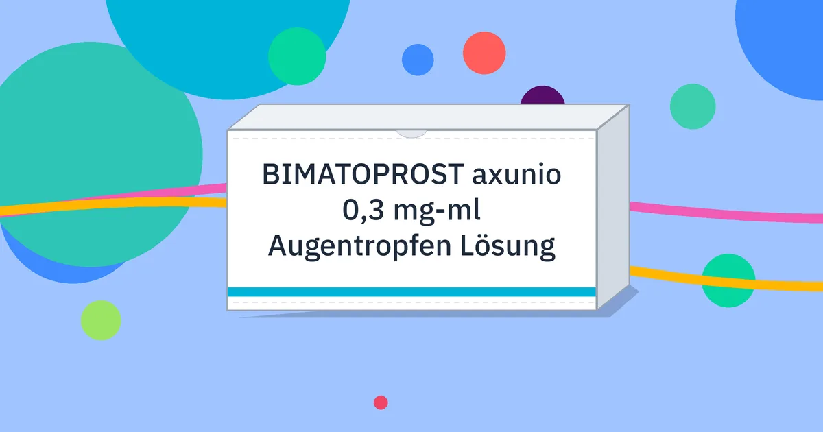Symbolbild: Packung mit der Aufschrift BIMATOPROST axunio 0,3 mg-ml Augentropfen Lösung (PZN 19270452) – Verfügbarkeit und Bezug in Apotheken in Frankfurt am Main