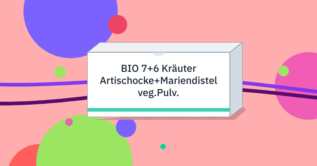 Symbolbild: Packung mit der Aufschrift BIO 7+6 Kräuter Artischocke+Mariendistel veg.Pulv. (PZN 19400498) – Verfügbarkeit und Bezug in Apotheken in Frankfurt am Main