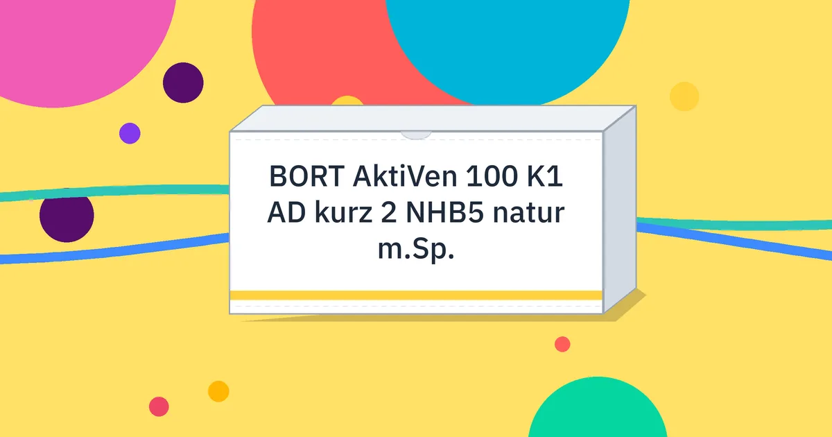 Symbolbild: Packung mit der Aufschrift BORT AktiVen 100 K1 AD kurz 2 NHB5 natur m.Sp. (PZN 17493716) – Verfügbarkeit und Bezug in Apotheken in Frankfurt am Main