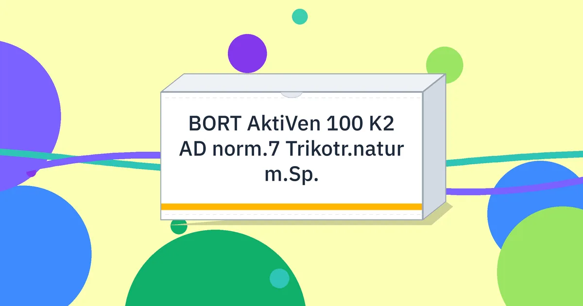 Symbolbild: Packung mit der Aufschrift BORT AktiVen 100 K2 AD norm.7 Trikotr.natur m.Sp. (PZN 13726520) – Verfügbarkeit und Bezug in Apotheken in Frankfurt am Main