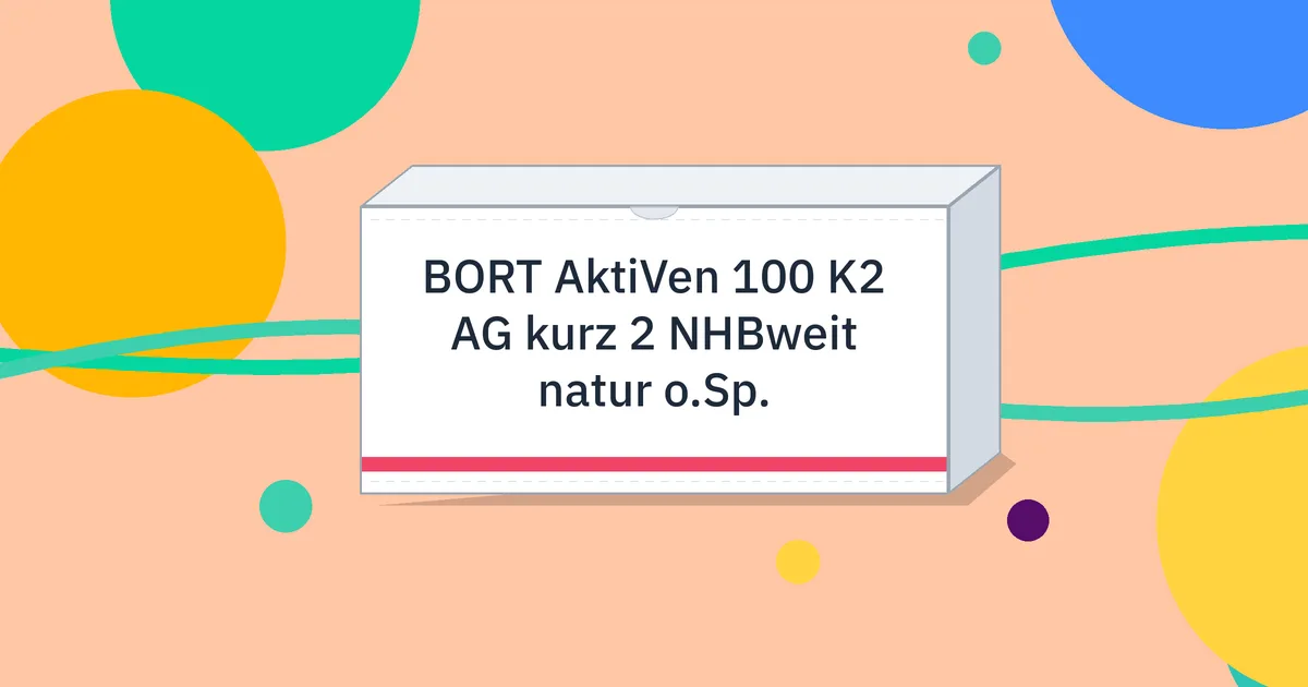 Symbolbild: Packung mit der Aufschrift BORT AktiVen 100 K2 AG kurz 2 NHBweit natur o.Sp. (PZN 13730295) – Verfügbarkeit und Bezug in Apotheken in Frankfurt am Main