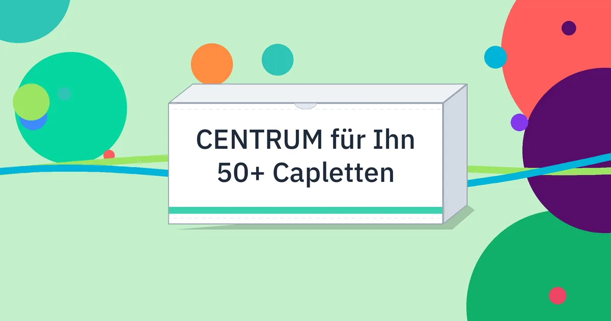 Symbolbild: Packung mit der Aufschrift CENTRUM für Ihn 50+ Capletten (PZN 10110913) – Verfügbarkeit und Bezug in Apotheken in Frankfurt am Main