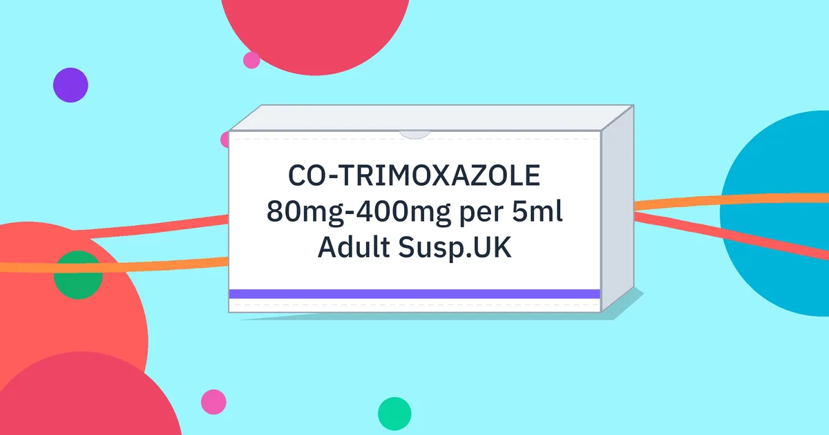 Symbolbild: Packung mit der Aufschrift CO-TRIMOXAZOLE 80mg-400mg per 5ml Adult Susp.UK (PZN 18398598) – Verfügbarkeit und Bezug in Apotheken in Frankfurt am Main