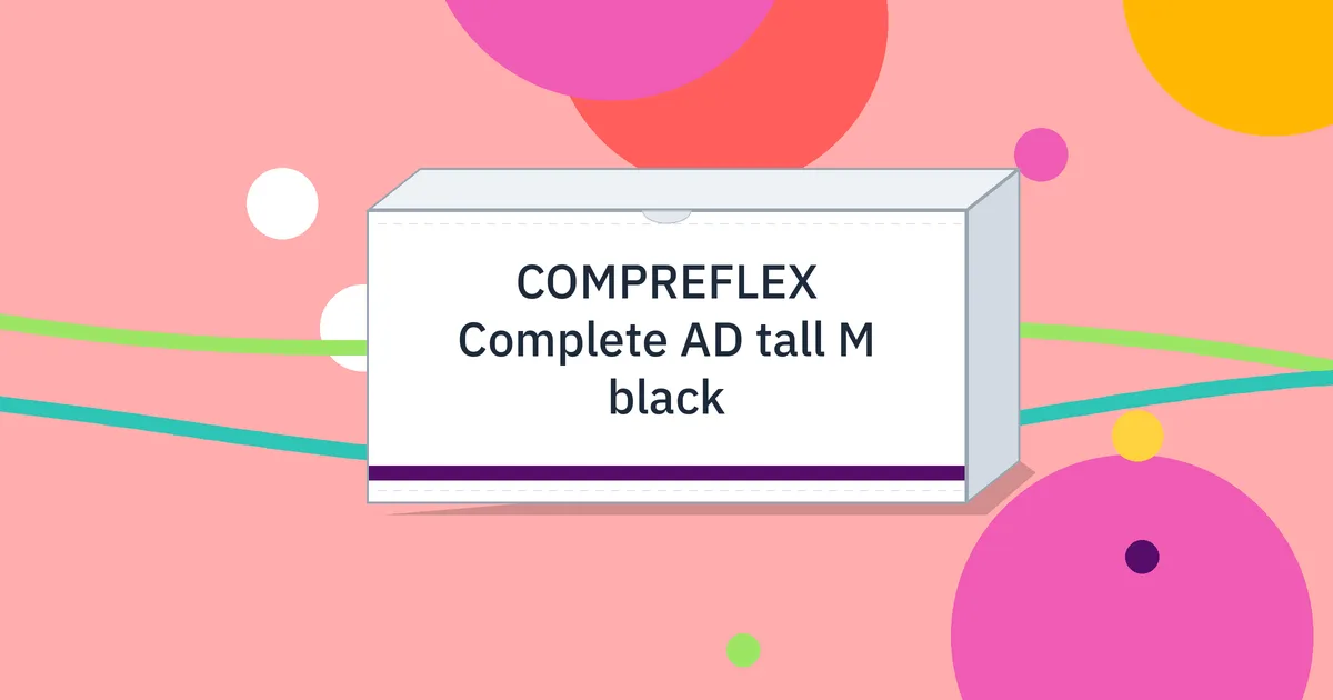 Symbolbild: Packung mit der Aufschrift COMPREFLEX Complete AD tall M black (PZN 19535287) – Verfügbarkeit und Bezug in Apotheken in Frankfurt am Main