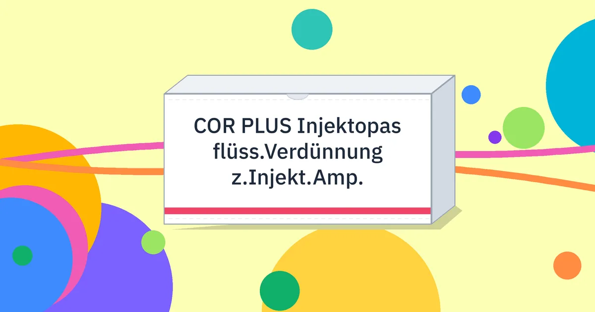 Symbolbild: Packung mit der Aufschrift COR PLUS Injektopas flüss.Verdünnung z.Injekt.Amp. (PZN 00771594) – Verfügbarkeit und Bezug in Apotheken in Frankfurt am Main