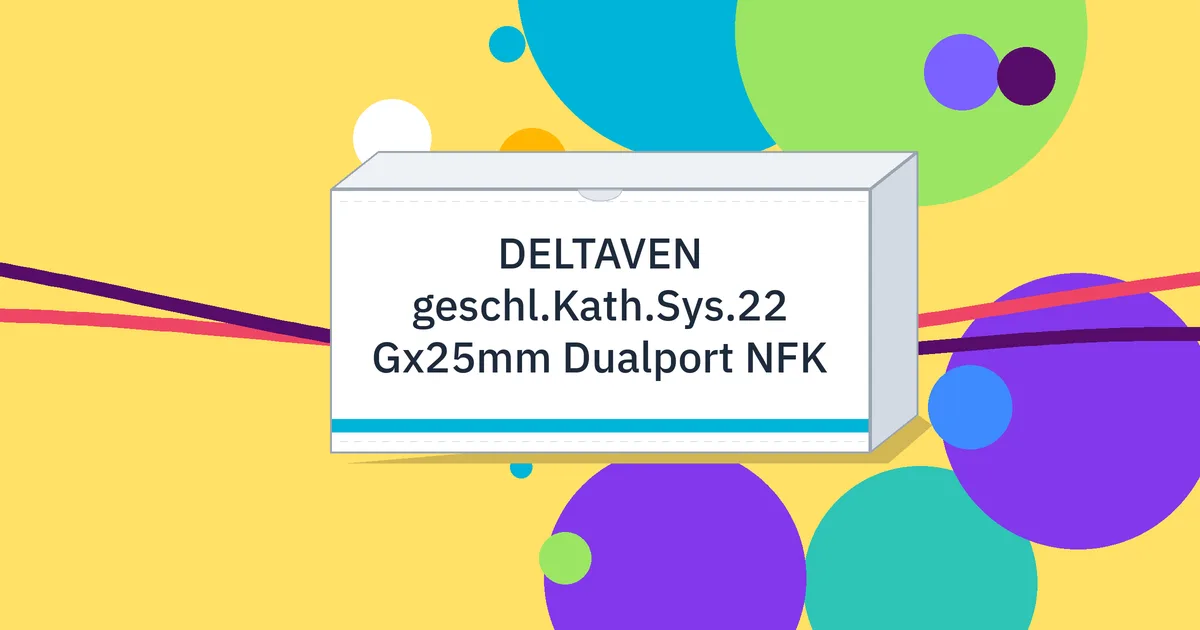 Symbolbild: Packung mit der Aufschrift DELTAVEN geschl.Kath.Sys.22 Gx25mm Dualport NFK (PZN 13977707) – Verfügbarkeit und Bezug in Apotheken in Frankfurt am Main