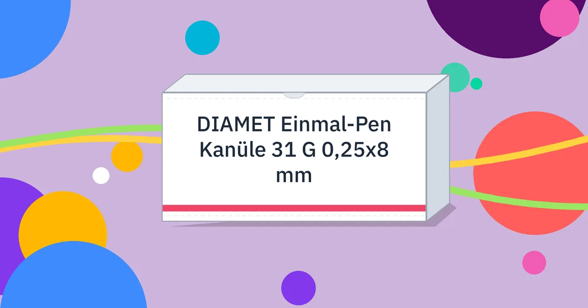 Symbolbild: Packung mit der Aufschrift DIAMET Einmal-Pen Kanüle 31 G 0,25x8 mm (PZN 12381237) – Verfügbarkeit und Bezug in Apotheken in Frankfurt am Main