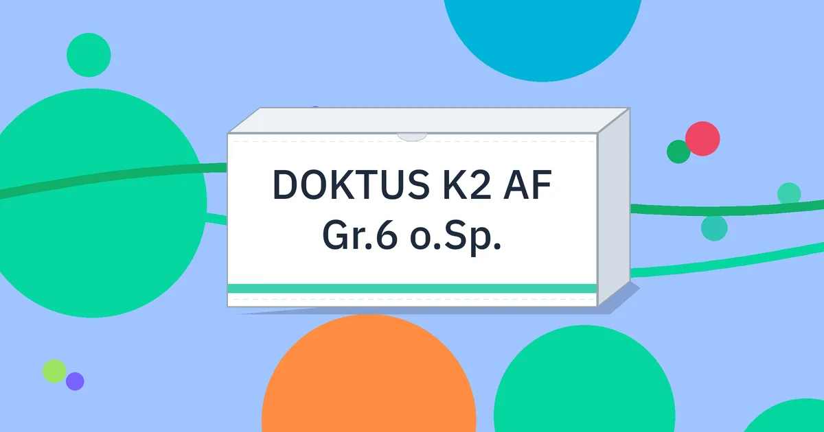Symbolbild: Packung mit der Aufschrift DOKTUS K2 AF Gr.6 o.Sp. (PZN 03309123) – Verfügbarkeit und Bezug in Apotheken in Frankfurt am Main