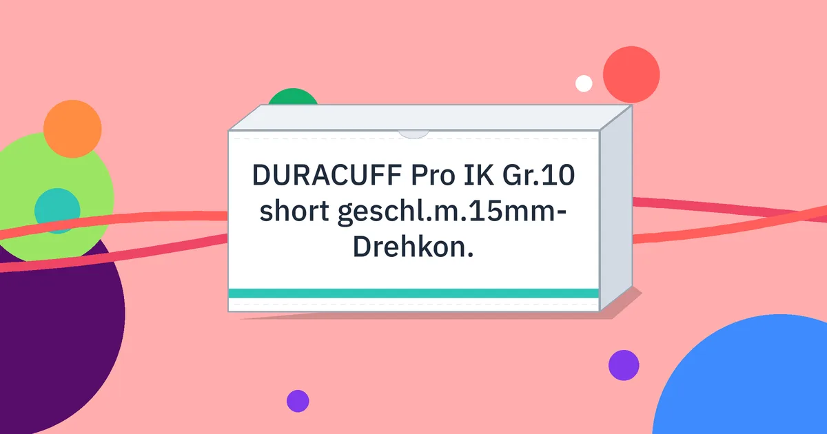 Symbolbild: Packung mit der Aufschrift DURACUFF Pro IK Gr.10 short geschl.m.15mm-Drehkon. (PZN 19244851) – Verfügbarkeit und Bezug in Apotheken in Frankfurt am Main