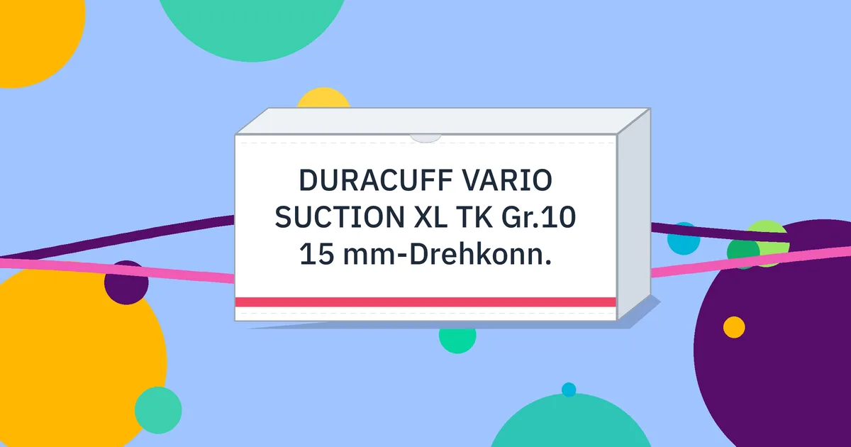 Symbolbild: Packung mit der Aufschrift DURACUFF VARIO SUCTION XL TK Gr.10 15 mm-Drehkonn. (PZN 18825416) – Verfügbarkeit und Bezug in Apotheken in Frankfurt am Main
