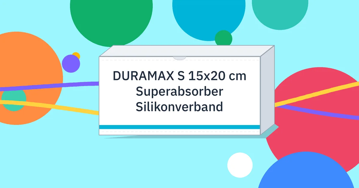 Symbolbild: Packung mit der Aufschrift DURAMAX S 15x20 cm Superabsorber Silikonverband (PZN 17944478) – Verfügbarkeit und Bezug in Apotheken in Frankfurt am Main