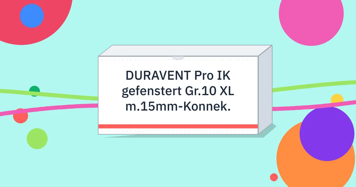 Symbolbild: Packung mit der Aufschrift DURAVENT Pro IK gefenstert Gr.10 XL m.15mm-Konnek. (PZN 19243277) – Verfügbarkeit und Bezug in Apotheken in Frankfurt am Main