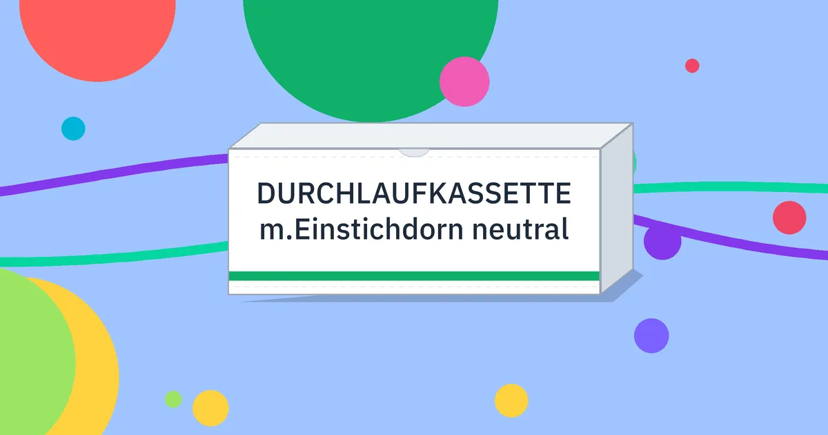 Symbolbild: Packung mit der Aufschrift DURCHLAUFKASSETTE m.Einstichdorn neutral (PZN 09105999) – Verfügbarkeit und Bezug in Apotheken in Frankfurt am Main