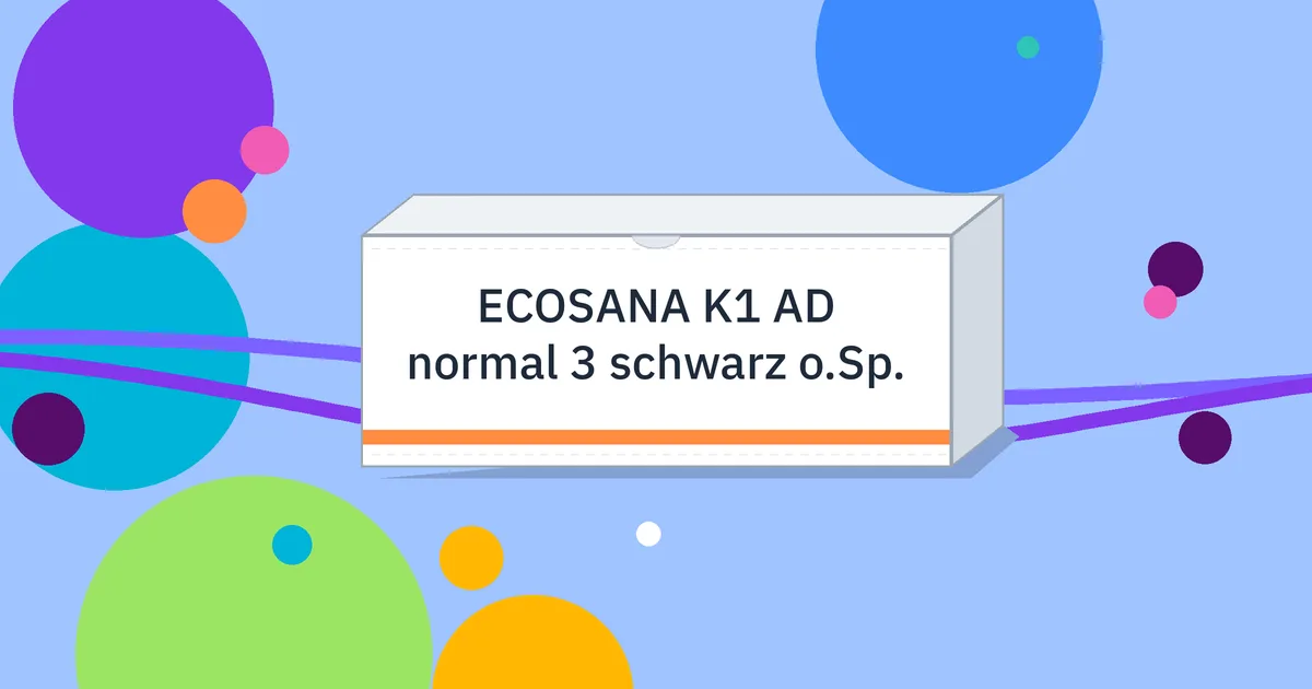 Symbolbild: Packung mit der Aufschrift ECOSANA K1 AD normal 3 schwarz o.Sp. (PZN 04724580) – Verfügbarkeit und Bezug in Apotheken in Frankfurt am Main