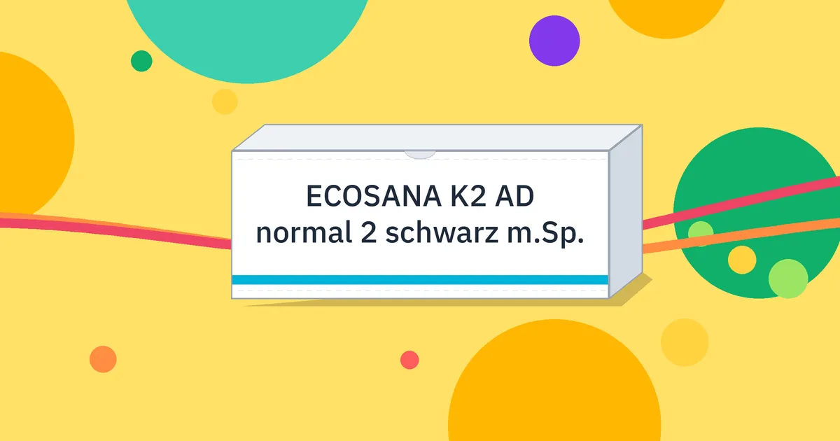 Symbolbild: Packung mit der Aufschrift ECOSANA K2 AD normal 2 schwarz m.Sp. (PZN 01334022) – Verfügbarkeit und Bezug in Apotheken in Frankfurt am Main
