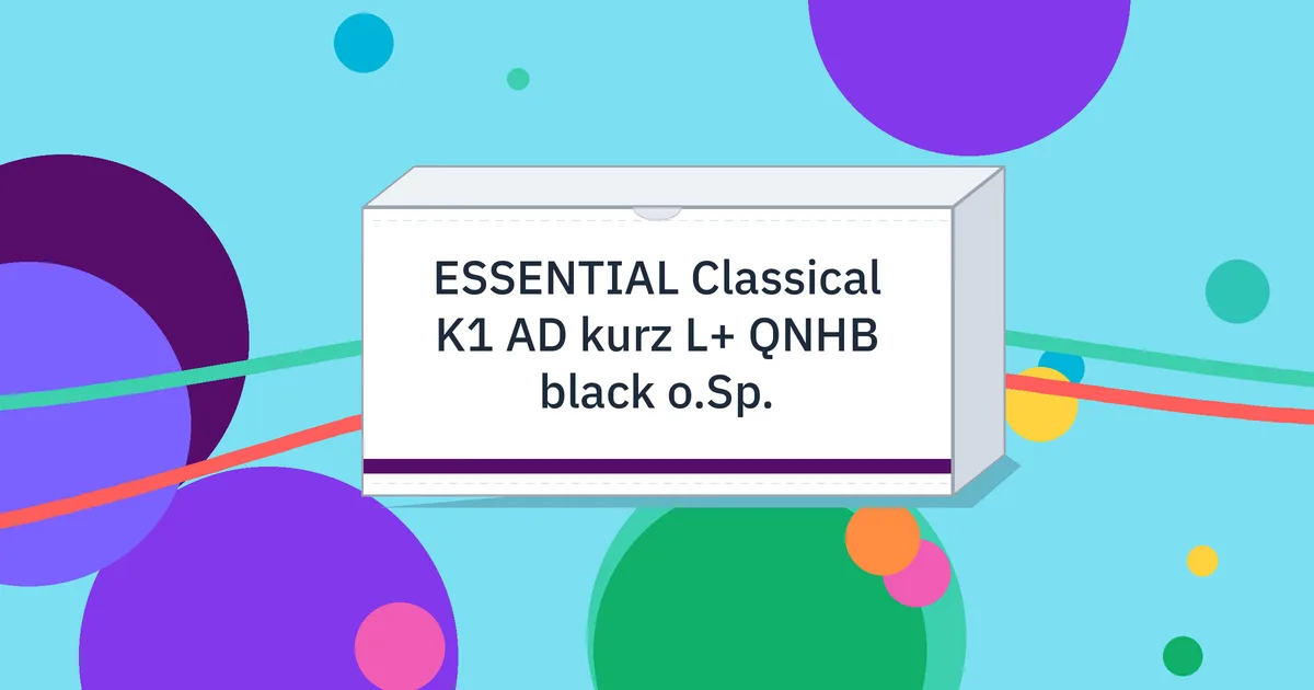 Symbolbild: Packung mit der Aufschrift ESSENTIAL Classical K1 AD kurz L+ QNHB black o.Sp. (PZN 18866183) – Verfügbarkeit und Bezug in Apotheken in Frankfurt am Main