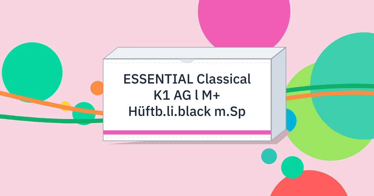 Symbolbild: Packung mit der Aufschrift ESSENTIAL Classical K1 AG l M+ Hüftb.li.black m.Sp (PZN 17013389) – Verfügbarkeit und Bezug in Apotheken in Frankfurt am Main