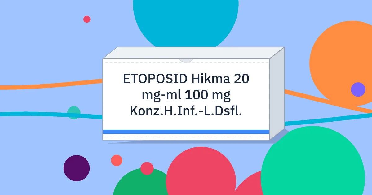 Symbolbild: Packung mit der Aufschrift ETOPOSID Hikma 20 mg-ml 100 mg Konz.H.Inf.-L.Dsfl. (PZN 18021824) – Verfügbarkeit und Bezug in Apotheken in Frankfurt am Main