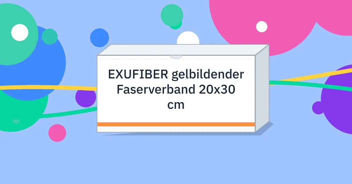 Symbolbild: Packung mit der Aufschrift EXUFIBER gelbildender Faserverband 20x30 cm (PZN 11152049) – Verfügbarkeit und Bezug in Apotheken in Frankfurt am Main
