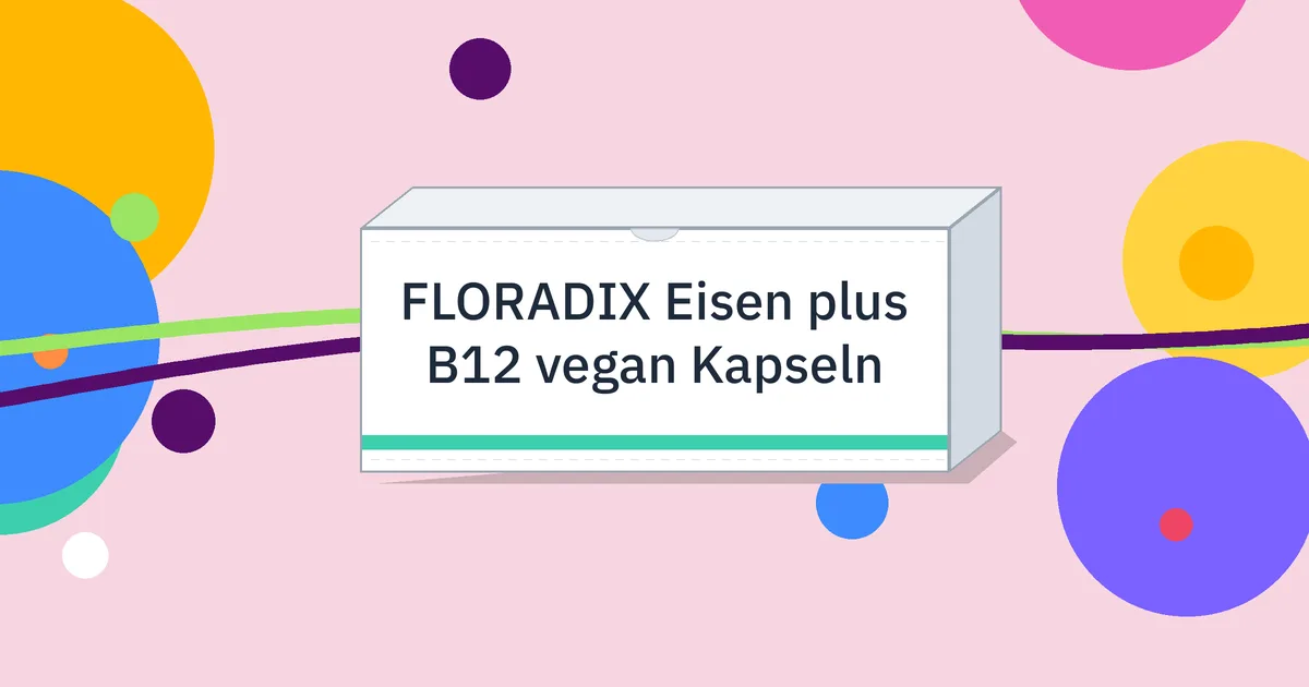 Symbolbild: Packung mit der Aufschrift FLORADIX Eisen plus B12 vegan Kapseln (PZN 05566166) – Verfügbarkeit und Bezug in Apotheken in Frankfurt am Main