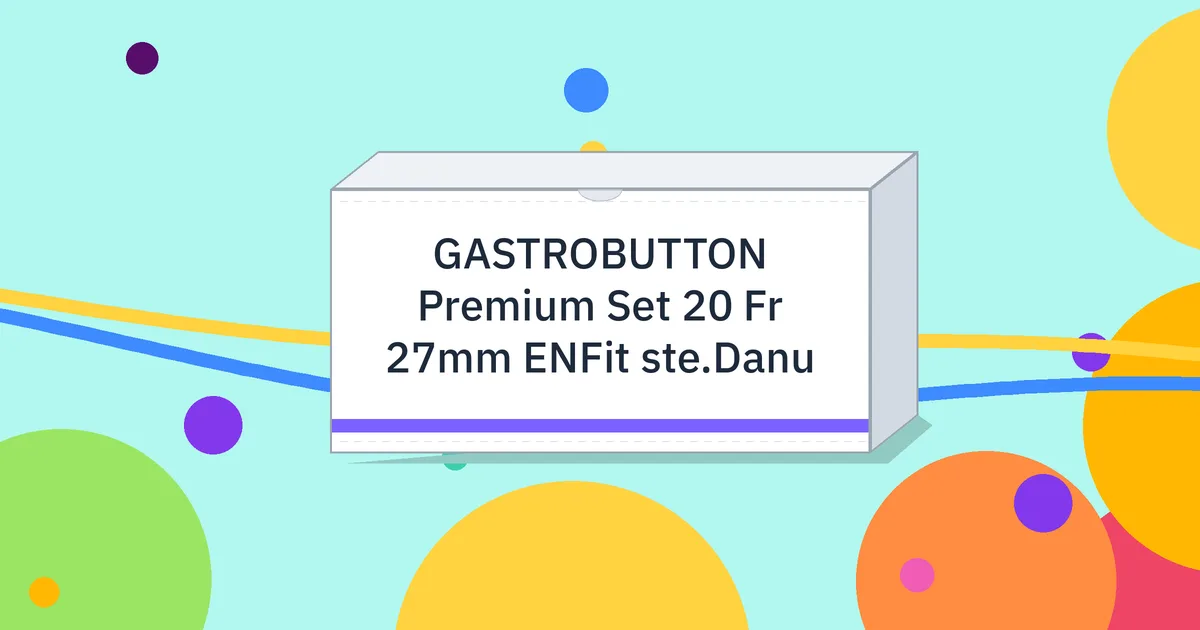 Symbolbild: Packung mit der Aufschrift GASTROBUTTON Premium Set 20 Fr 27mm ENFit ste.Danu (PZN 16883993) – Verfügbarkeit und Bezug in Apotheken in Frankfurt am Main