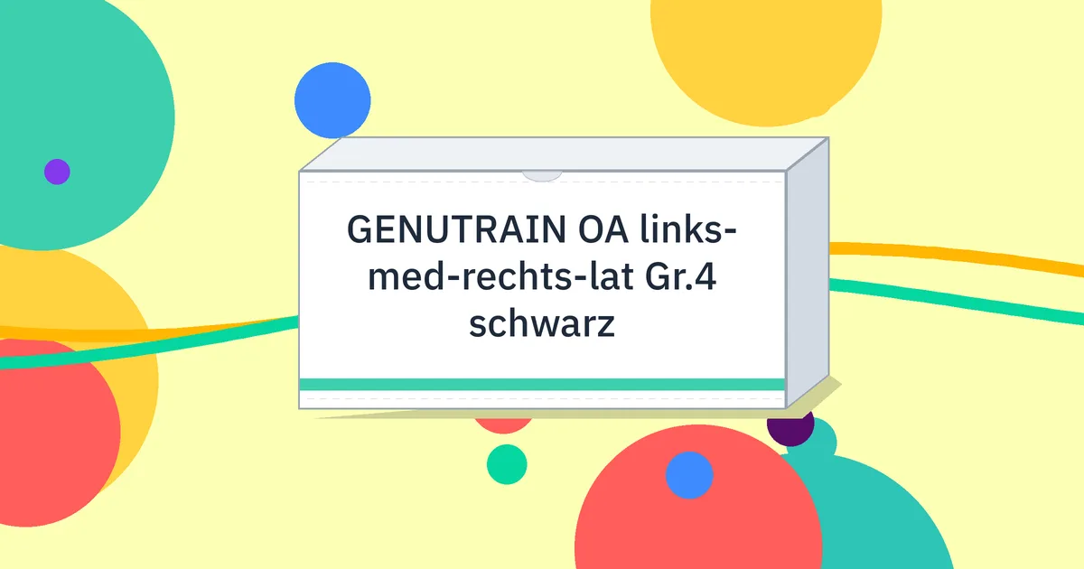 Symbolbild: Packung mit der Aufschrift GENUTRAIN OA links-med-rechts-lat Gr.4 schwarz (PZN 16144103) – Verfügbarkeit und Bezug in Apotheken in Frankfurt am Main
