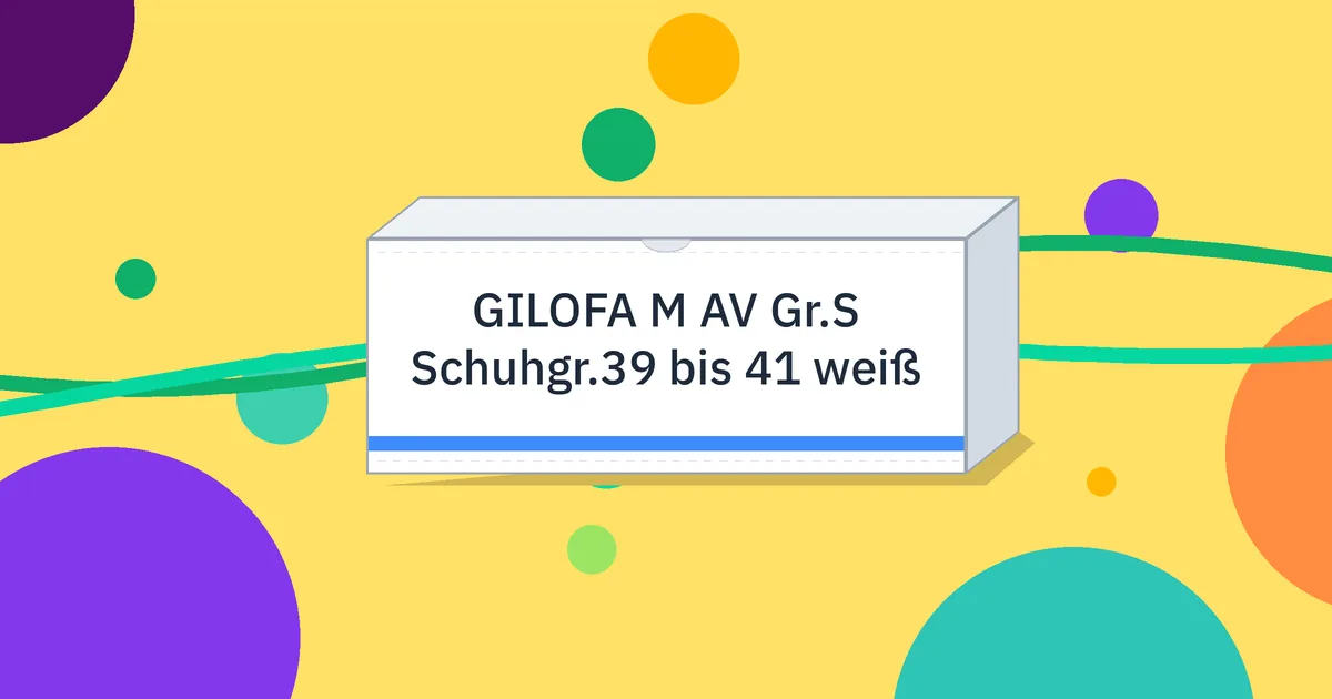 Symbolbild: Packung mit der Aufschrift GILOFA M AV Gr.S Schuhgr.39 bis 41 weiß (PZN 16726064) – Verfügbarkeit und Bezug in Apotheken in Frankfurt am Main