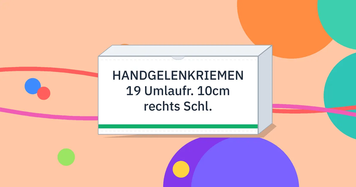Symbolbild: Packung mit der Aufschrift HANDGELENKRIEMEN 19 Umlaufr. 10cm rechts Schl. (PZN 01962988) – Verfügbarkeit und Bezug in Apotheken in Frankfurt am Main