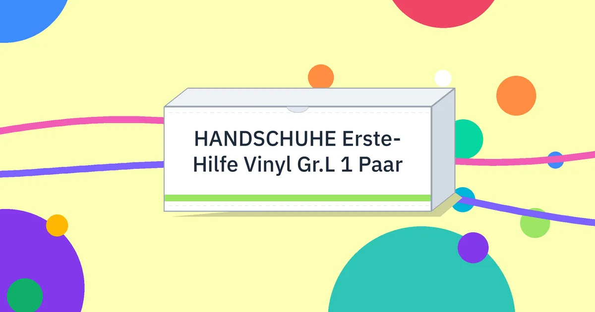 Symbolbild: Packung mit der Aufschrift HANDSCHUHE Erste-Hilfe Vinyl Gr.L 1 Paar (PZN 18772329) – Verfügbarkeit und Bezug in Apotheken in Frankfurt am Main
