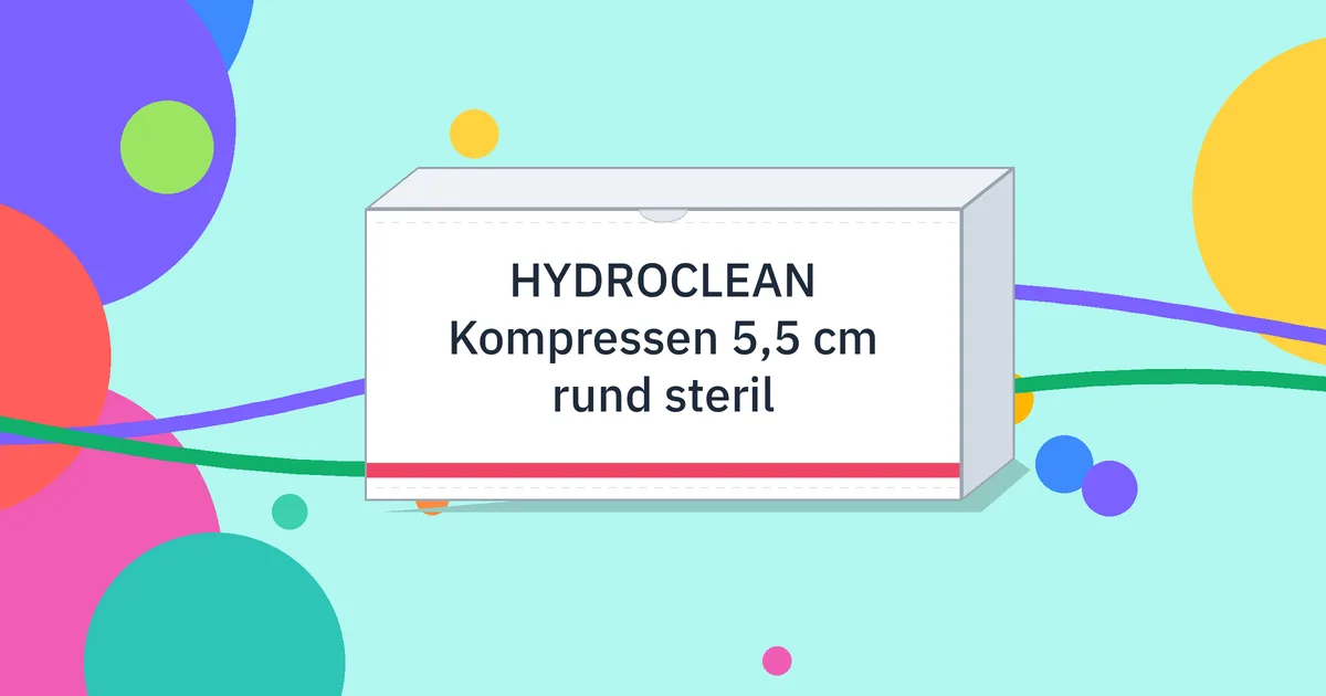 Symbolbild: Packung mit der Aufschrift HYDROCLEAN Kompressen 5,5 cm rund steril (PZN 19900700) – Verfügbarkeit und Bezug in Apotheken in Frankfurt am Main