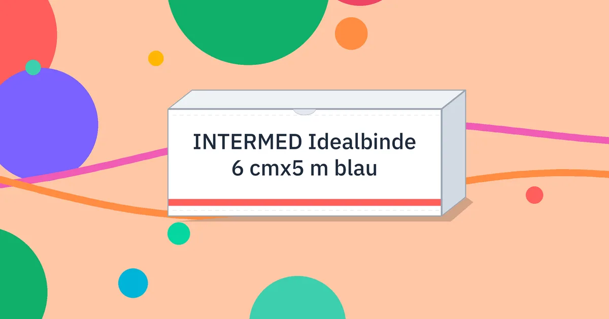 Symbolbild: Packung mit der Aufschrift INTERMED Idealbinde 6 cmx5 m blau (PZN 02549813) – Verfügbarkeit und Bezug in Apotheken in Frankfurt am Main