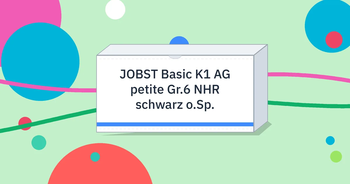Symbolbild: Packung mit der Aufschrift JOBST Basic K1 AG petite Gr.6 NHR schwarz o.Sp. (PZN 15309536) – Verfügbarkeit und Bezug in Apotheken in Frankfurt am Main