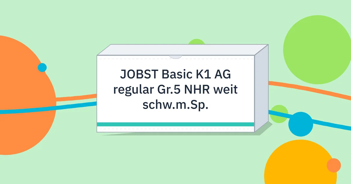 Symbolbild: Packung mit der Aufschrift JOBST Basic K1 AG regular Gr.5 NHR weit schw.m.Sp. (PZN 15310060) – Verfügbarkeit und Bezug in Apotheken in Frankfurt am Main