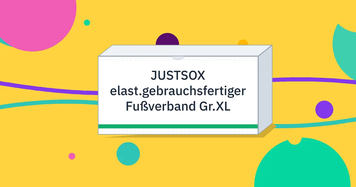 Symbolbild: Packung mit der Aufschrift JUSTSOX elast.gebrauchsfertiger Fußverband Gr.XL (PZN 19180849) – Verfügbarkeit und Bezug in Apotheken in Frankfurt am Main