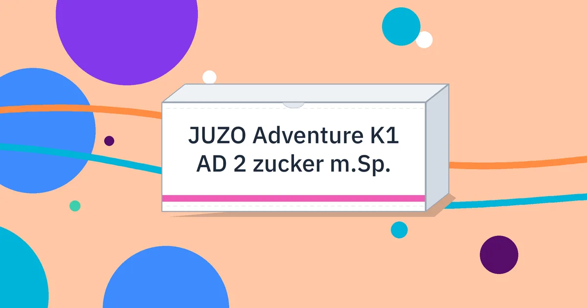 Symbolbild: Packung mit der Aufschrift JUZO Adventure K1 AD 2 zucker m.Sp. (PZN 16342470) – Verfügbarkeit und Bezug in Apotheken in Frankfurt am Main