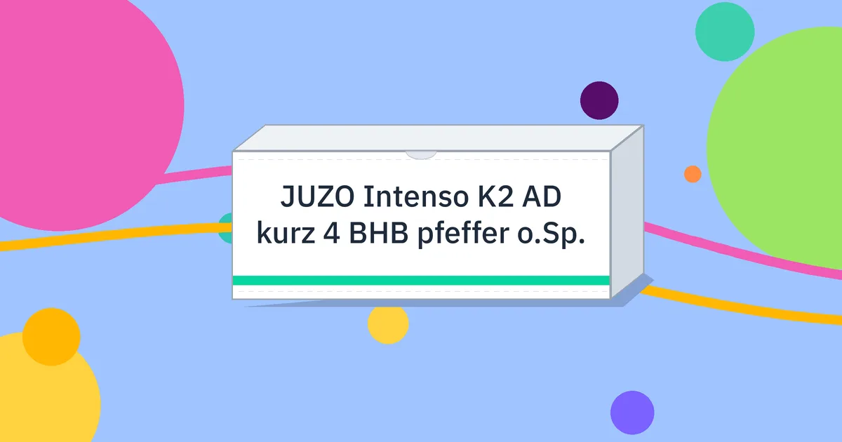 Symbolbild: Packung mit der Aufschrift JUZO Intenso K2 AD kurz 4 BHB pfeffer o.Sp. (PZN 18624899) – Verfügbarkeit und Bezug in Apotheken in Frankfurt am Main