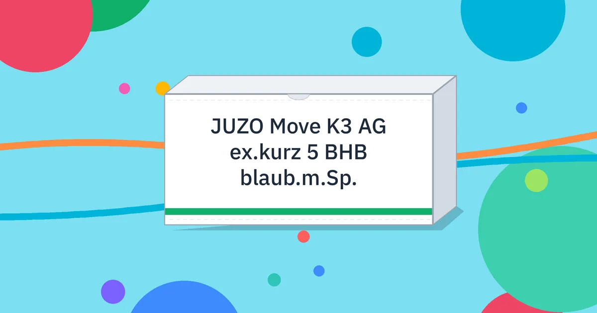 Symbolbild: Packung mit der Aufschrift JUZO Move K3 AG ex.kurz 5 BHB blaub.m.Sp. (PZN 18595407) – Verfügbarkeit und Bezug in Apotheken in Frankfurt am Main