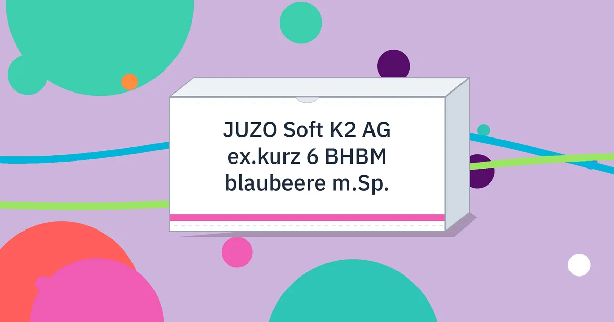 Symbolbild: Packung mit der Aufschrift JUZO Soft K2 AG ex.kurz 6 BHBM blaubeere m.Sp. (PZN 14860404) – Verfügbarkeit und Bezug in Apotheken in Frankfurt am Main