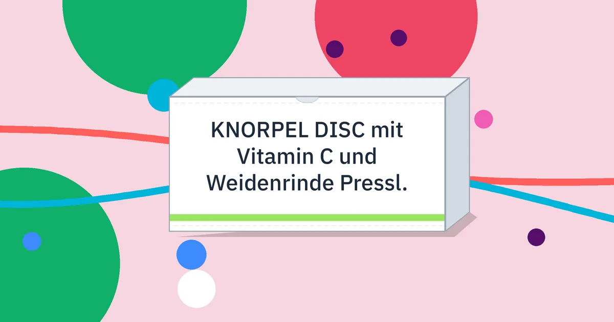 Symbolbild: Packung mit der Aufschrift KNORPEL DISC mit Vitamin C und Weidenrinde Pressl. (PZN 19207494) – Verfügbarkeit und Bezug in Apotheken in Frankfurt am Main