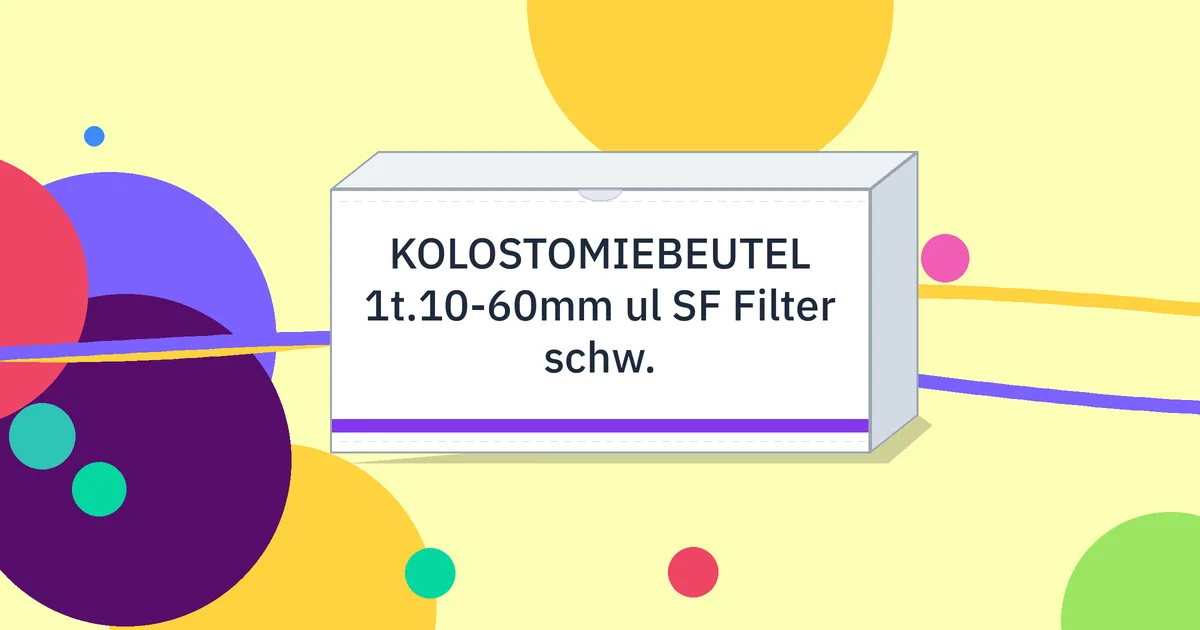 Symbolbild: Packung mit der Aufschrift KOLOSTOMIEBEUTEL 1t.10-60mm ul SF Filter schw. (PZN 18423830) – Verfügbarkeit und Bezug in Apotheken in Frankfurt am Main