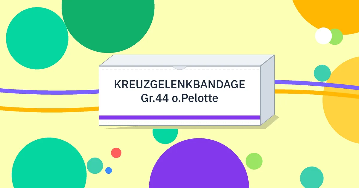 Symbolbild: Packung mit der Aufschrift KREUZGELENKBANDAGE Gr.44 o.Pelotte (PZN 04841802) – Verfügbarkeit und Bezug in Apotheken in Frankfurt am Main